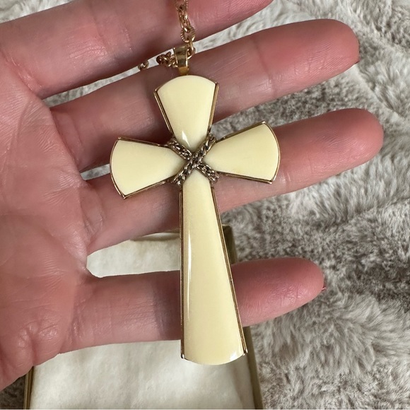 Avon | Jewelry | Vintage Avon Cross Necklace Cream With Long Gold Chain ...